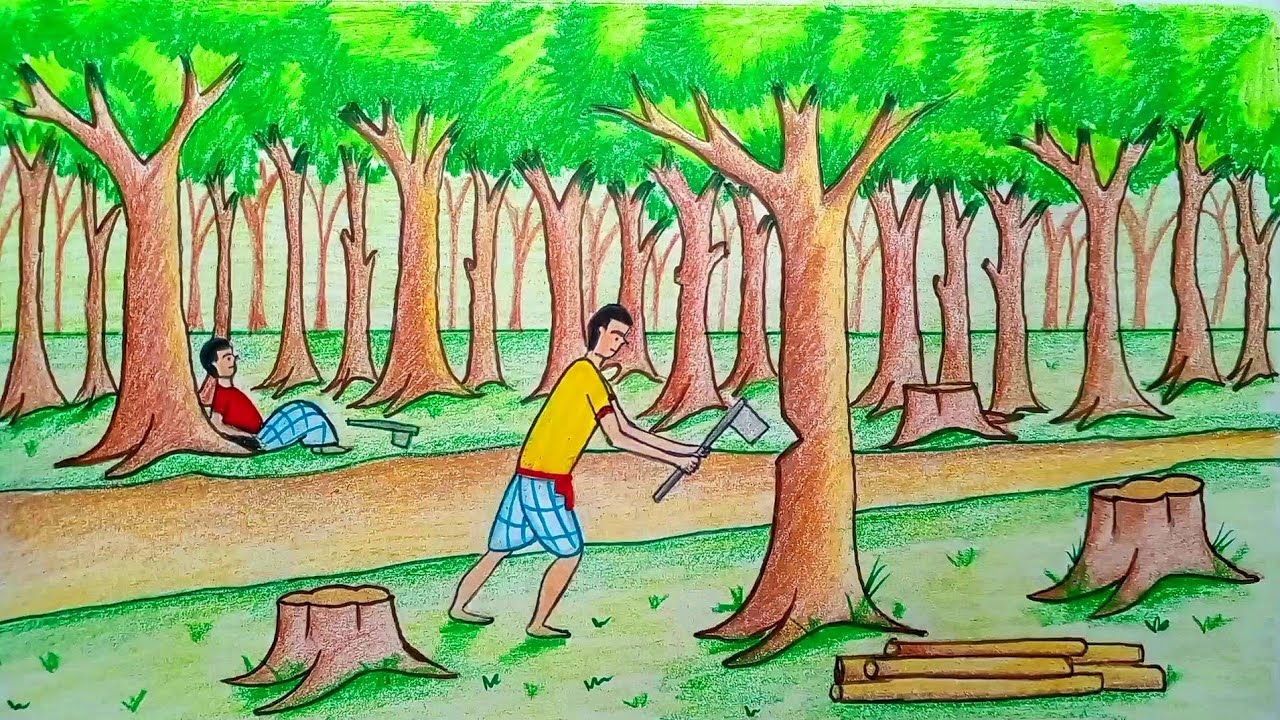 How to draw Environment pollution scenery | Deforestation scenery ...