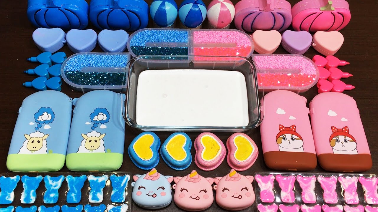 ASMR with BLUE and PINK !!!Mixing random into GLOSSY slime🌻🌻🌻Satisfying ...