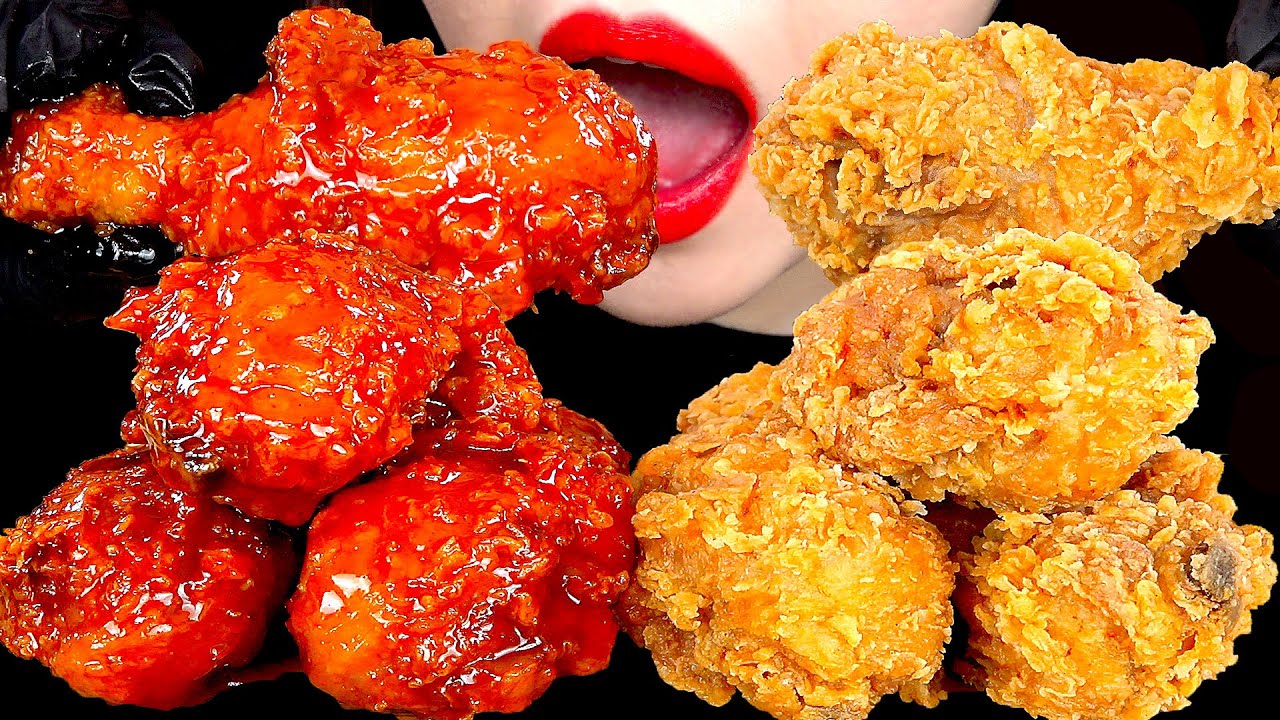 ASMR BBQ FRIED CHICKEN SPICY FRIED CHICKEN 비비큐 황금올리브닭다리치킨 양념치킨 먹방 ...