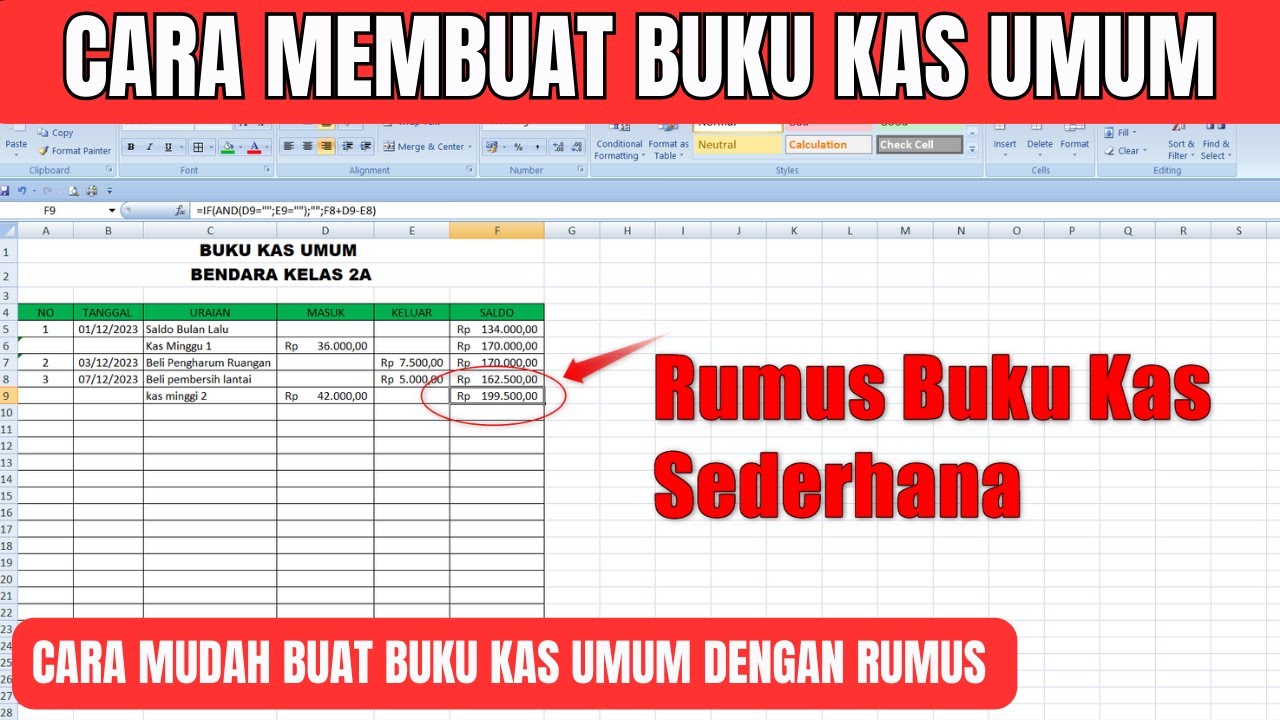 Contoh Rumus dan Cara Membuat Buku Kas Umum (BKU) Bendara Kelas di Excel - YouTube