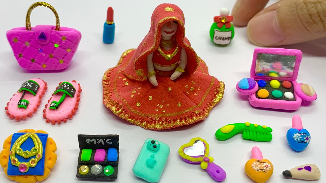 DIY How To Make Polymer Clay Miniature Makeup set, Doll, Shoes, Handbag ...