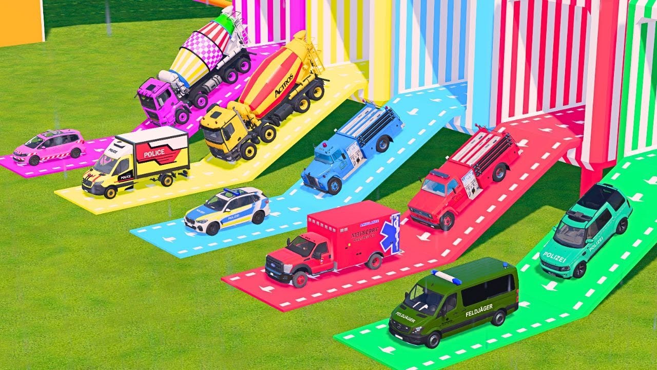 POLICE CAR, FIRE TRUCK, AMBULANCE, COLORFUL CARS FOR TRANSPORTING MIXER ...