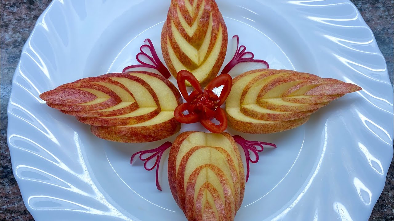 Beautiful apple cutting trick carving garnish food art - YouTube