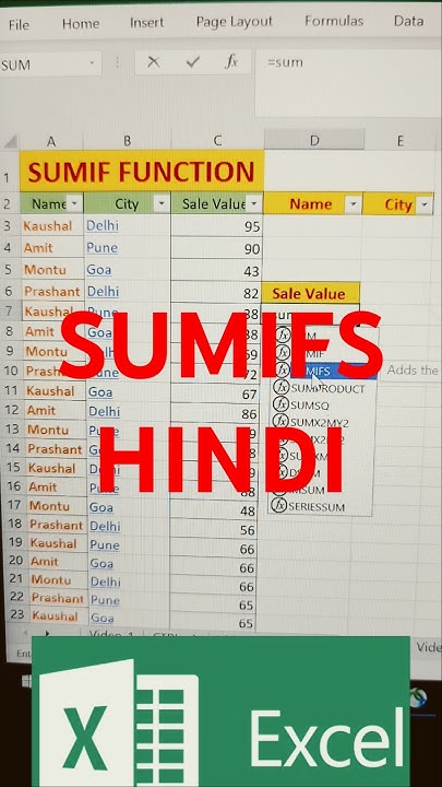 SUMIFS FUNCTION in excel | HINDI | #excel #exceltips #exceltricks #sumif #sumifs #countif # ...