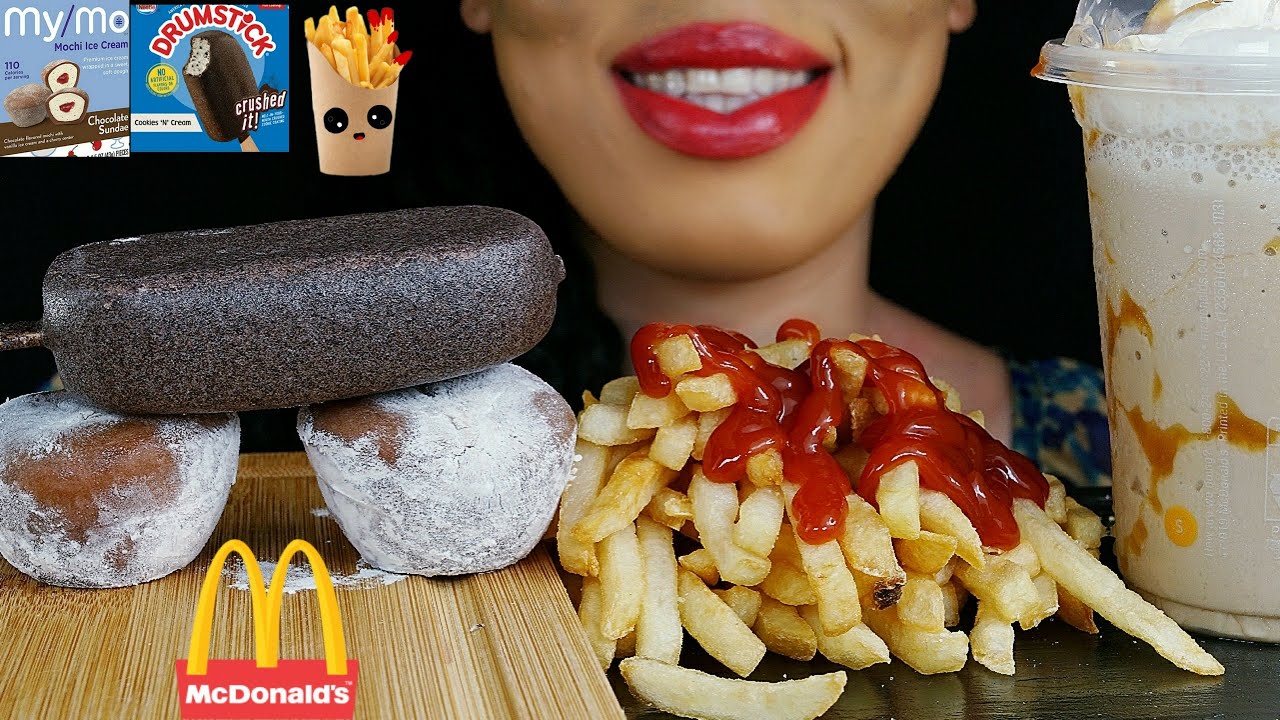 ASMR | French fries, caramel frappe, Drumstick & mochi ice cream | Rose ...