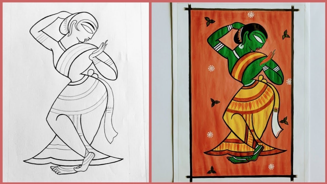 Jamini Roy Outline Drawing || Dancing Gopi || How to draw 'Jamini Roy ...