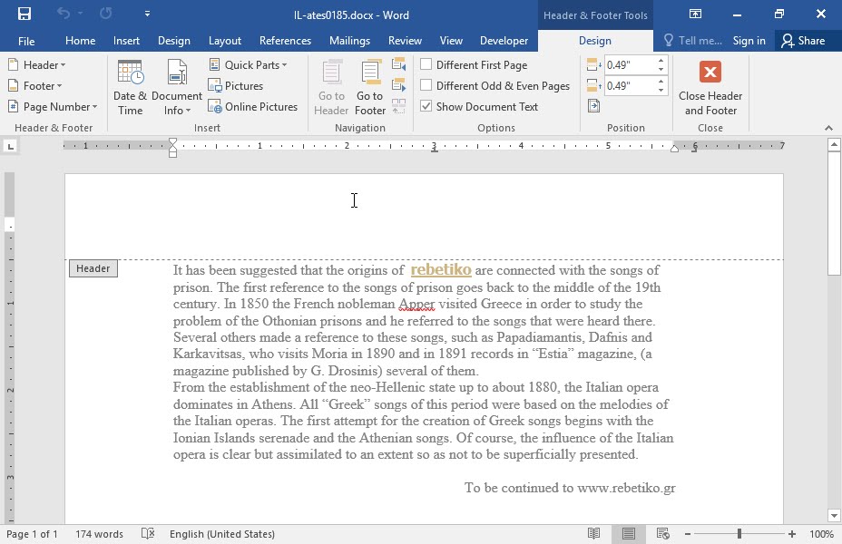 Display the filename, on the left side of the header, inserting a field ...
