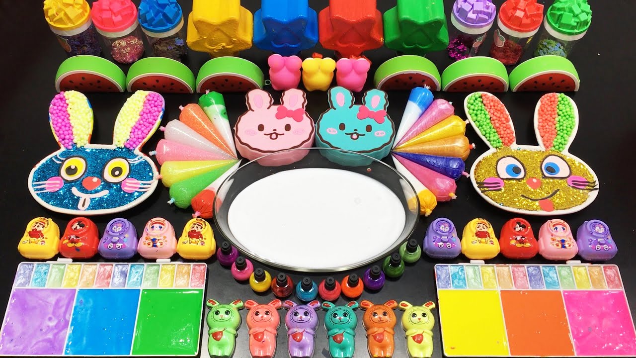 RABBIT and RAINBOW slime !!! Mixing random into GLOSSY Slime ...