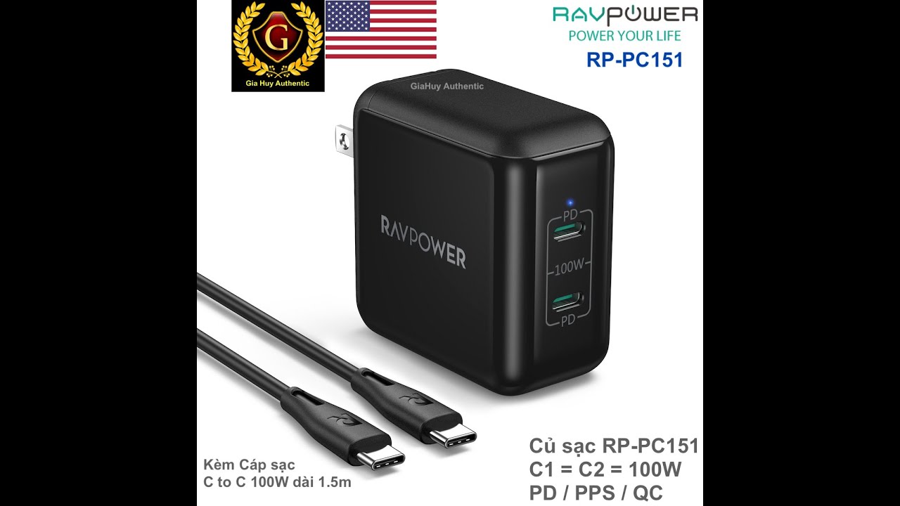 Củ sạc MacBook Pro, iP 13, S21, Note 20 Ultra 5G RAVPOWER RP-PC151 02 USB-C PD/PPS 100W GaN II ...