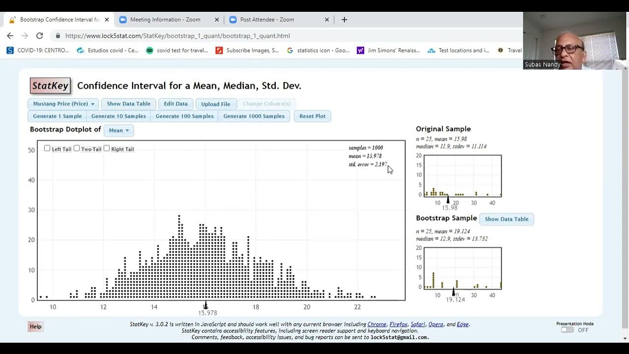 Bootstrap 95% confidence interval for the mean using Statkey and sample size of 1000 - YouTube