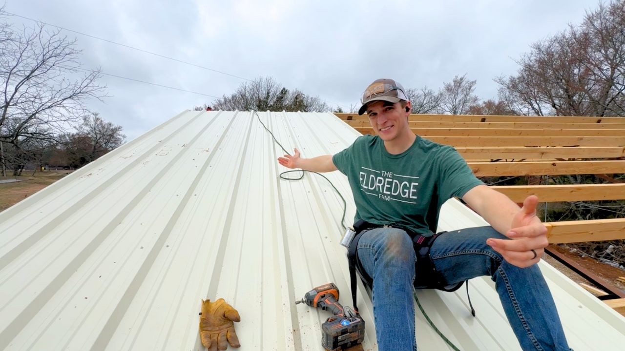I had a close call today! One man installs Metal Roof on Giant building ...