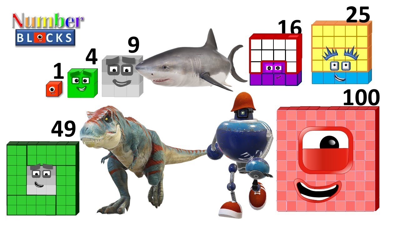 Numberblocks square club power of two, power of shark, dinosaur and ...