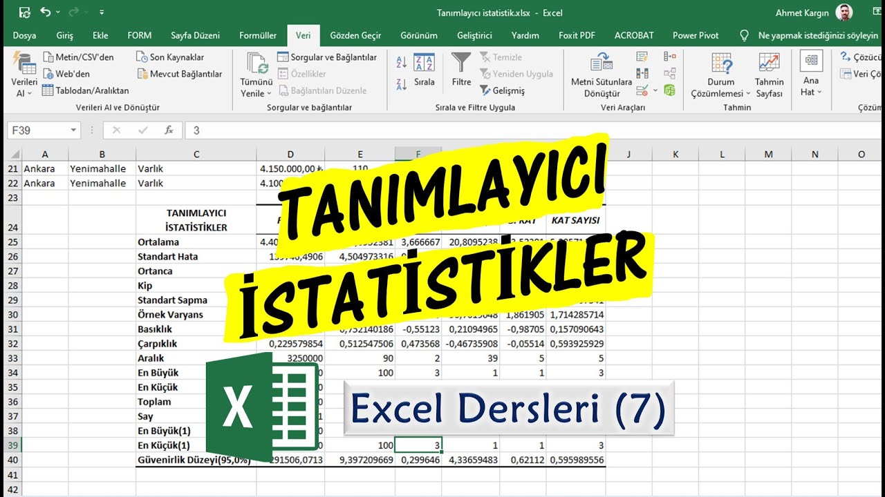 Excel Dersleri (7) Tanımlayıcı İstatistikler - YouTube