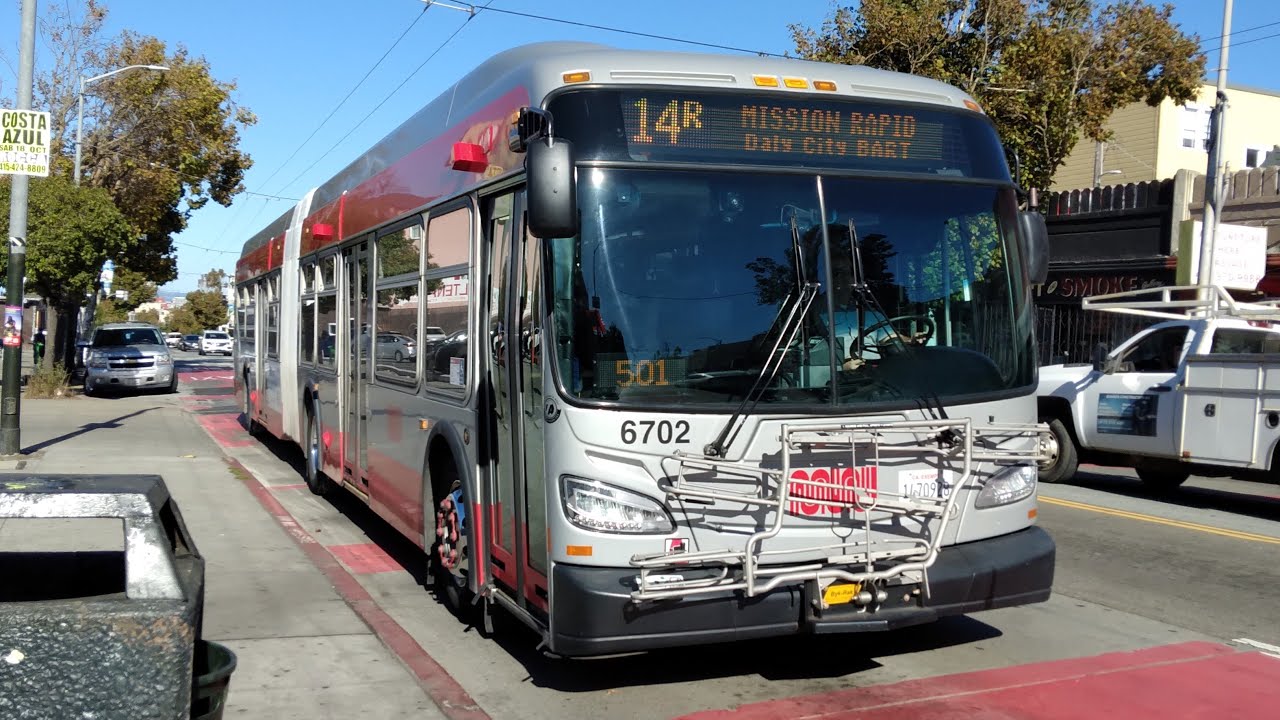 SF Muni 2015 New Flyer XDE60 #6702 on Route 14R Mission Rapid - YouTube