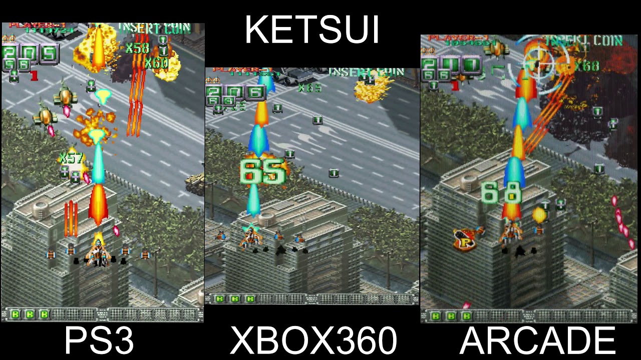Ketsui Comparison - PS3 vs XBOX 360 vs Arcade - YouTube