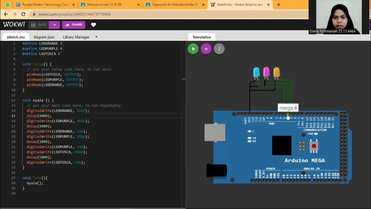 Coding dasar Arduino - cara menyalakan 3 LED menggunakan simulator Wokwi - YouTube