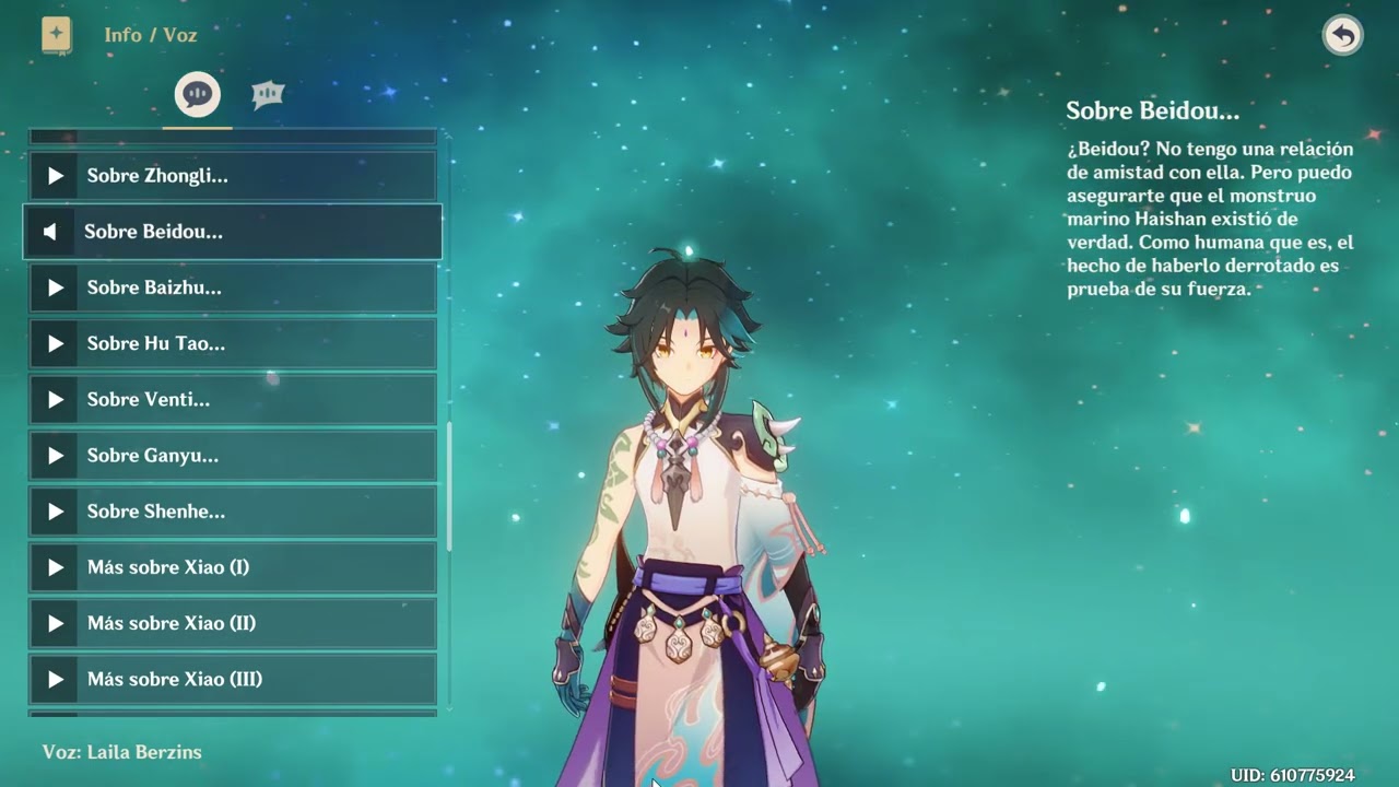 Xiao voicelines/líneas de voz desbloqueadas-Amistad nivel 10 (VA Eng ...