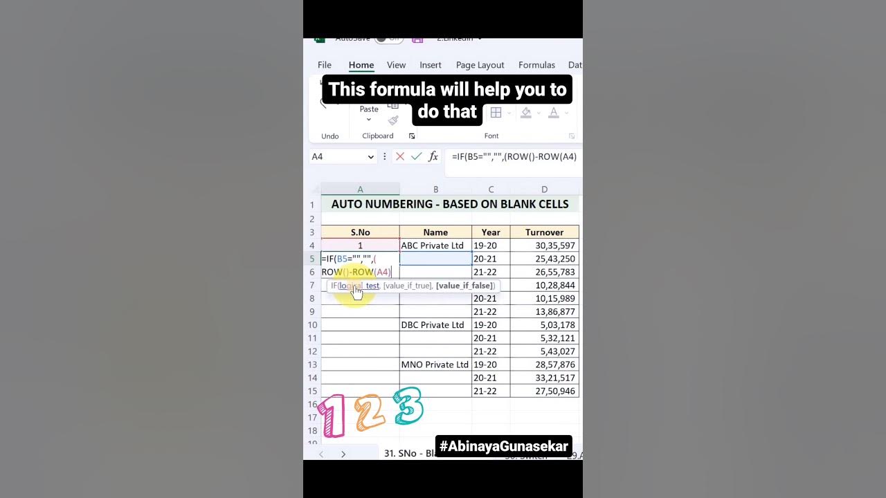 Serial Numbers Based On Blank Cells In Excel Excel Exceltips Advancedexcel Msexcel Shorts