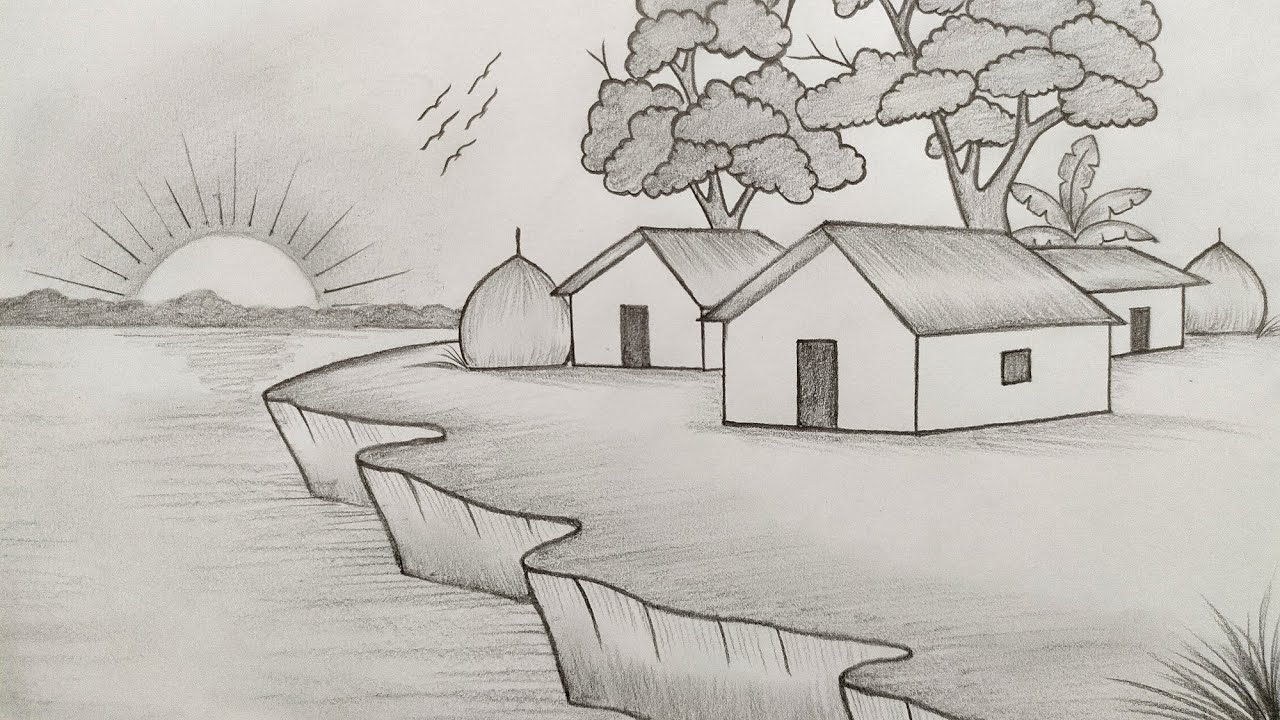 Scenery Drawing Very Easy With Pencil || Village River Drawing ...