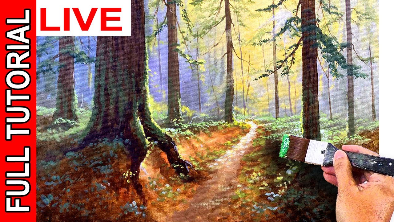 Painting a Forest Path with Detailed Tree Trunks in Acrylics ...