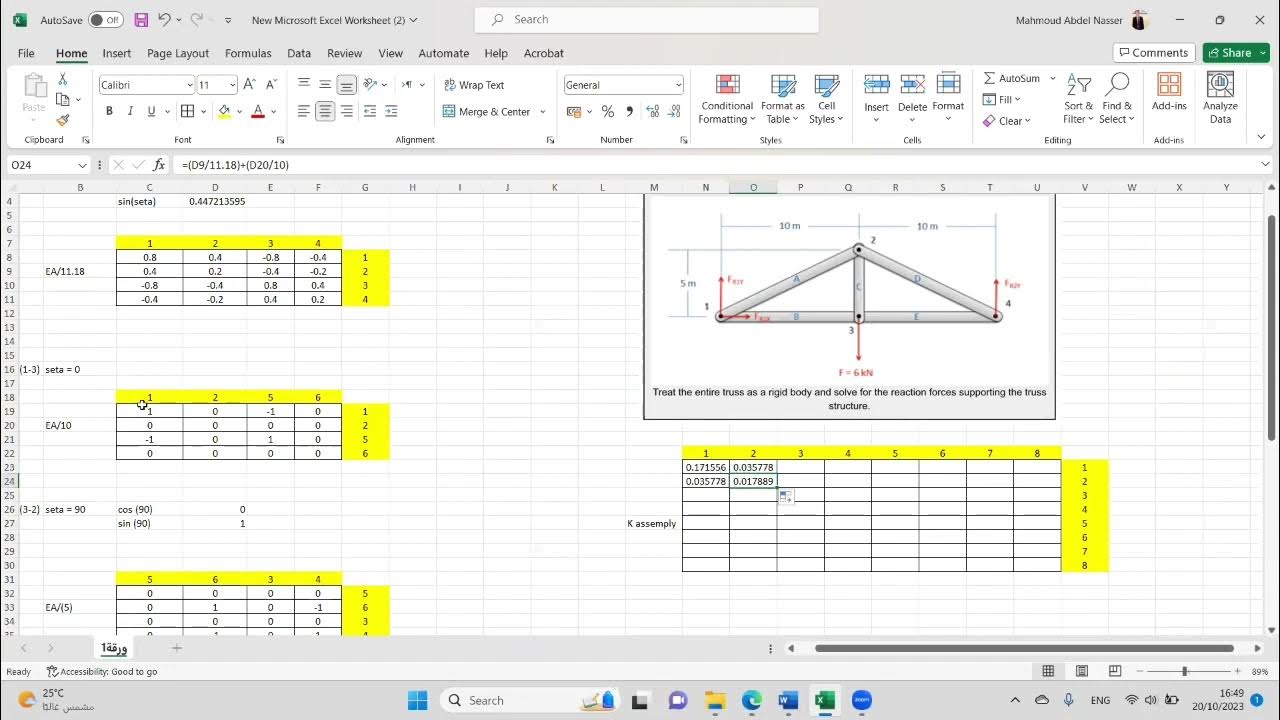 Truss structure analysis using matrix method - YouTube