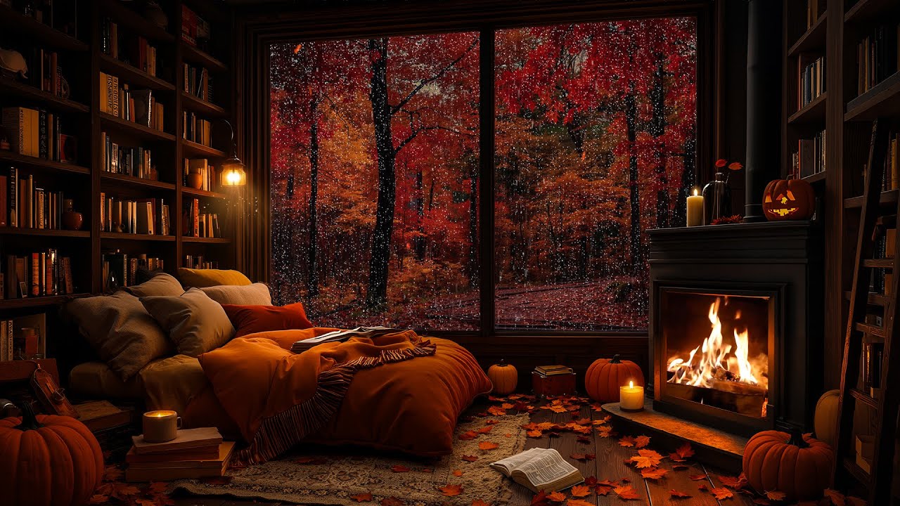 Cozy Fall Fireplace Ambience 🍂 Soft Jazz with Rainfall & Pumpkins ...