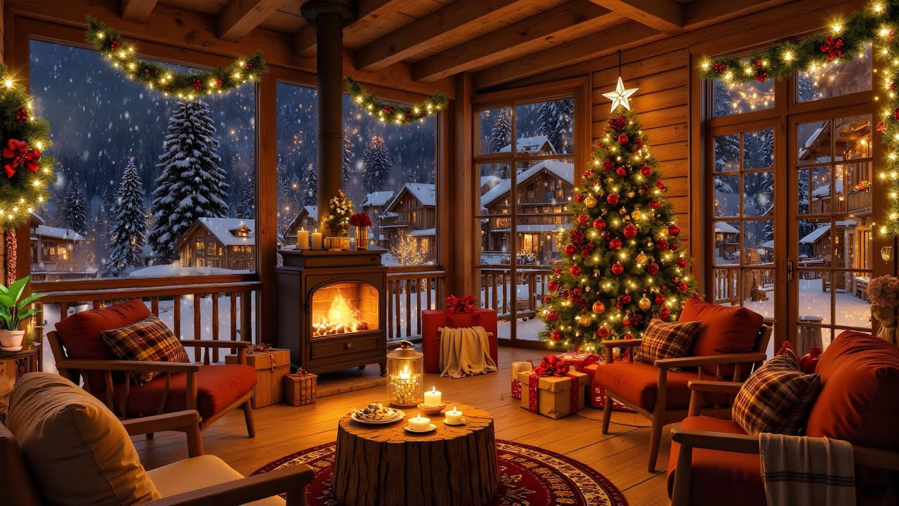 Peaceful Christmas atmosphere - Warm fireplace, falling snow, warm ...