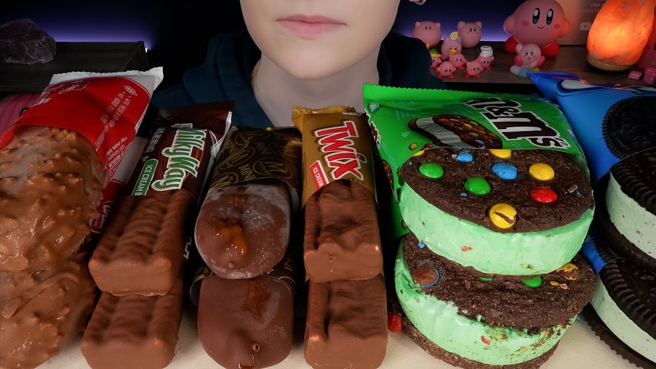 ASMR Chocolate Candy Ice Cream *M&M Oreo Mint Cookie Sandwiches, Twix ...