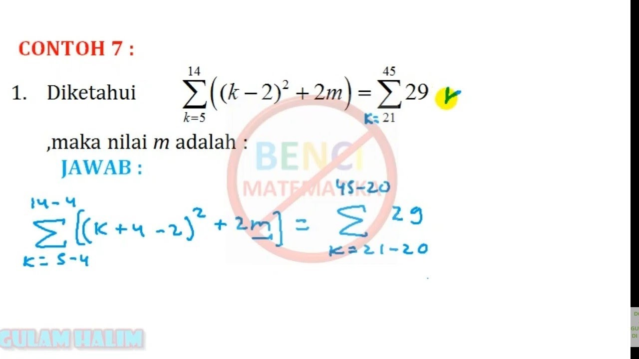 Mencari nilai m pada sigma menggunakan sifat Notasi Sigma contoh 7 ...