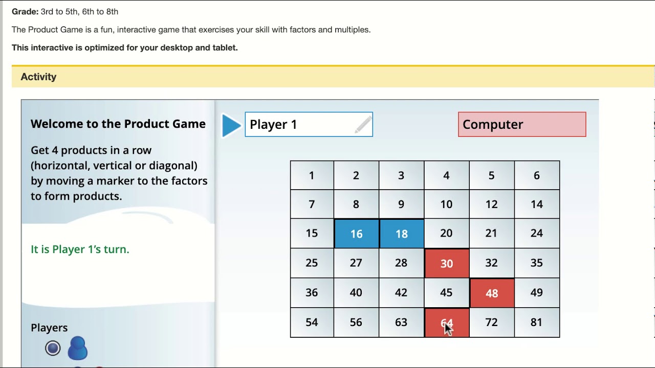 Product Game Directions - Illuminations 6th Grade Math - YouTube