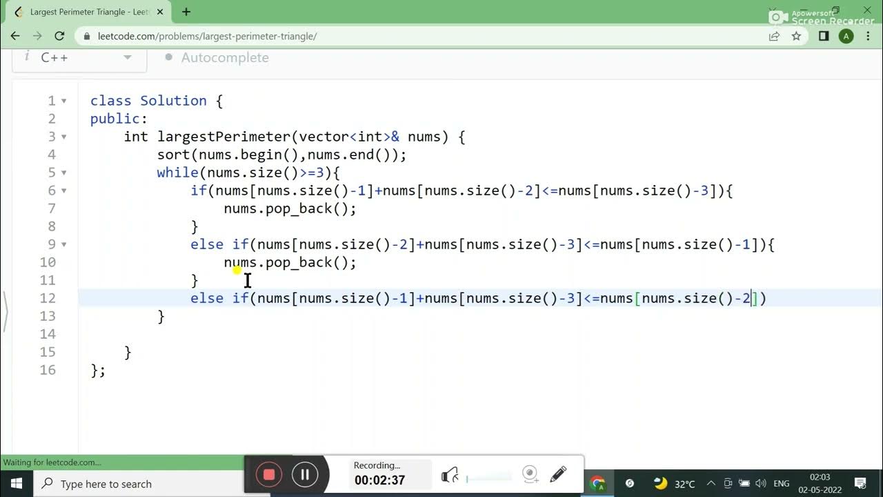 976. Largest Perimeter Triangle || LEETCODE SOLUTION || IN C++ || DATA STRUCTURE AND ALGORITHM ...