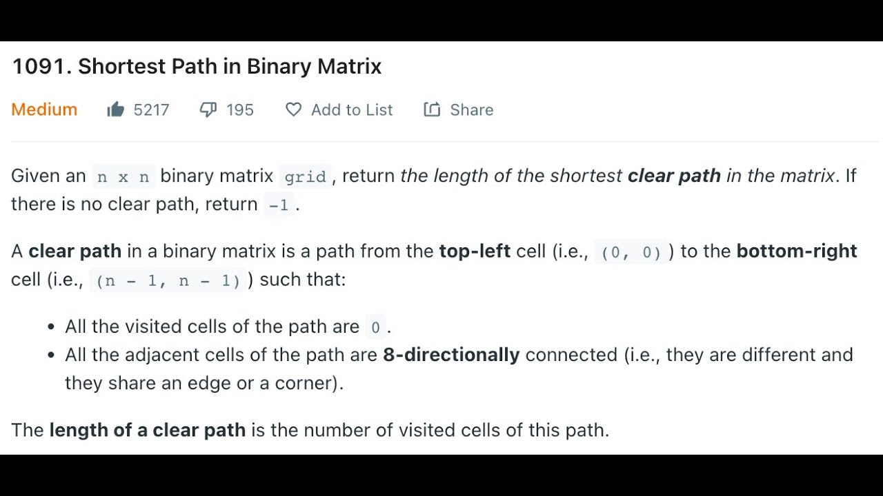 1091. Shortest Path in Binary Matrix (2023-06-01) - YouTube