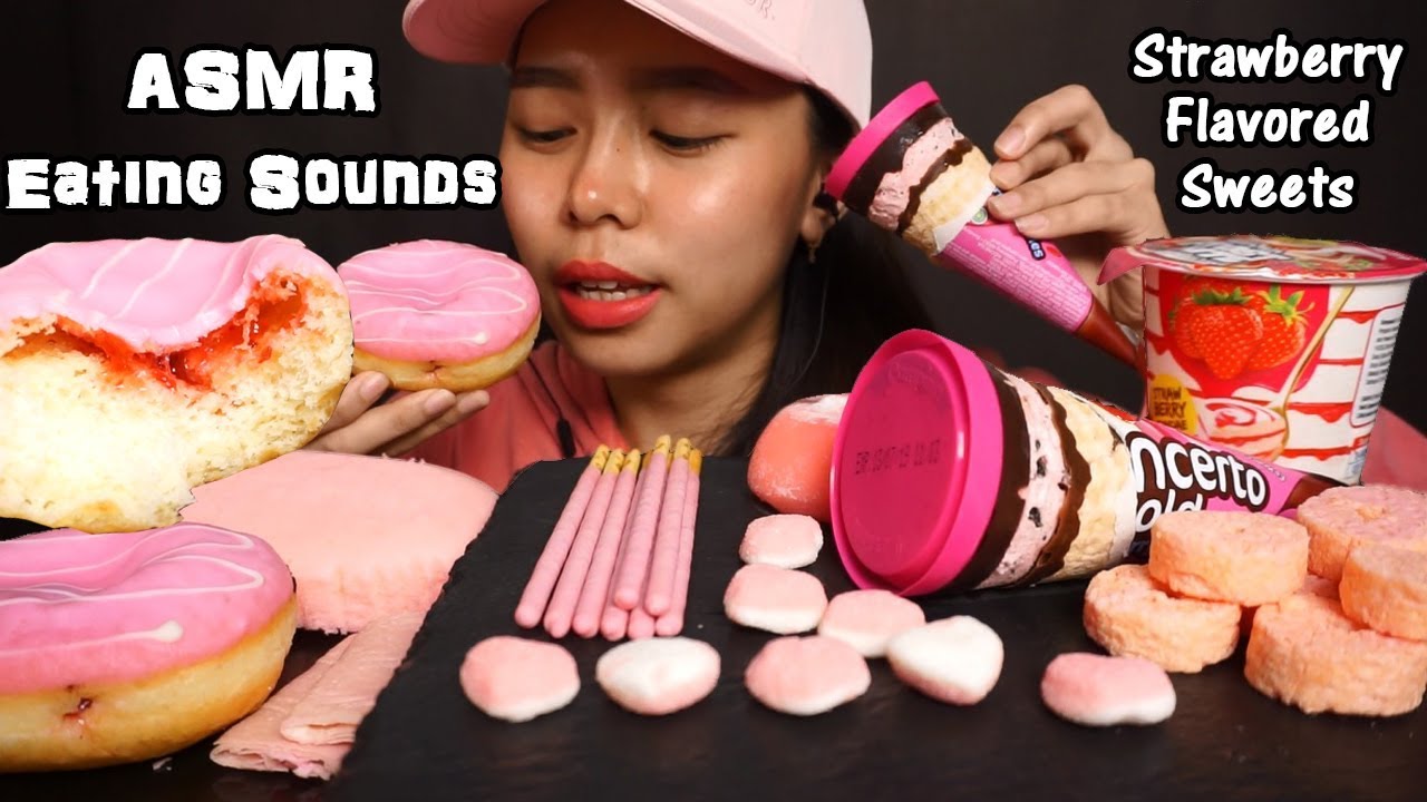 ASMR Pink Food (Mochi Ice Cream, Donut, Pocky & MORE) | Crunchy Eating ...