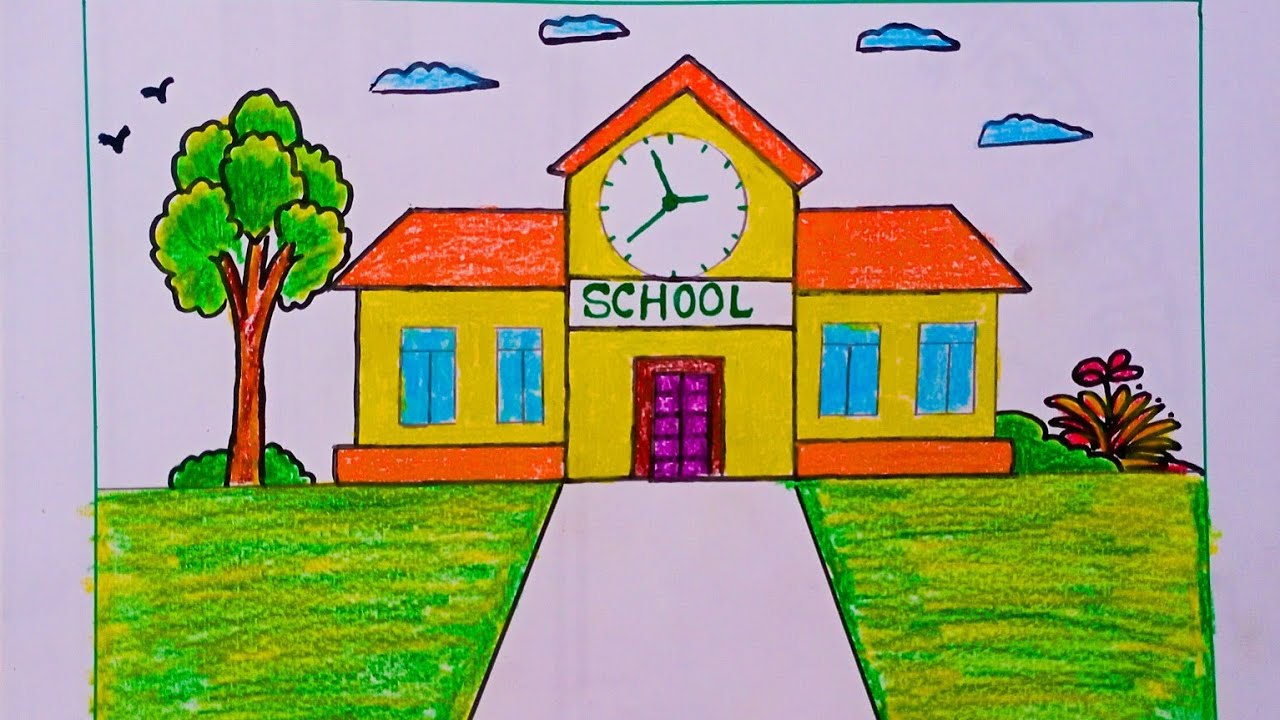 School Scenery Drawing / My School Drawing / How to Draw a School Easy ...