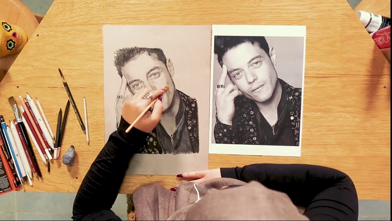 Drawing Rami Malek (Sketching with Roudaina) - YouTube