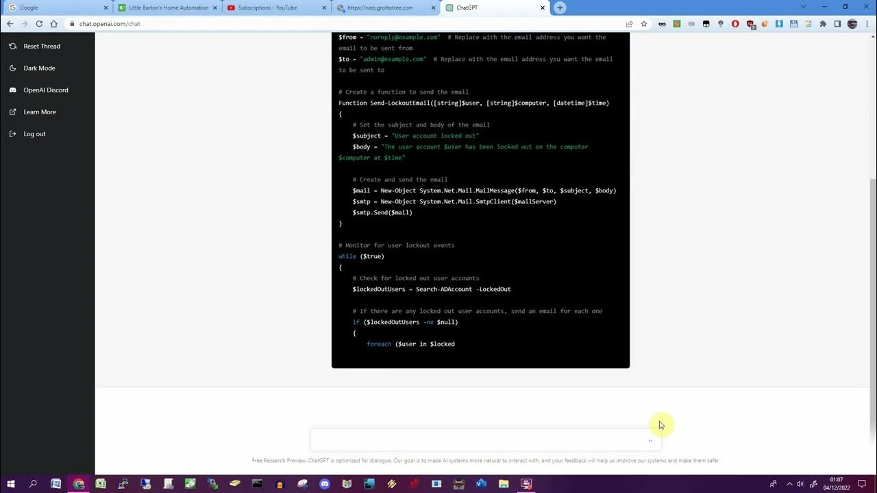 Open AI Chat (ChatGPT) generating PowerShell code to send email when AD ...