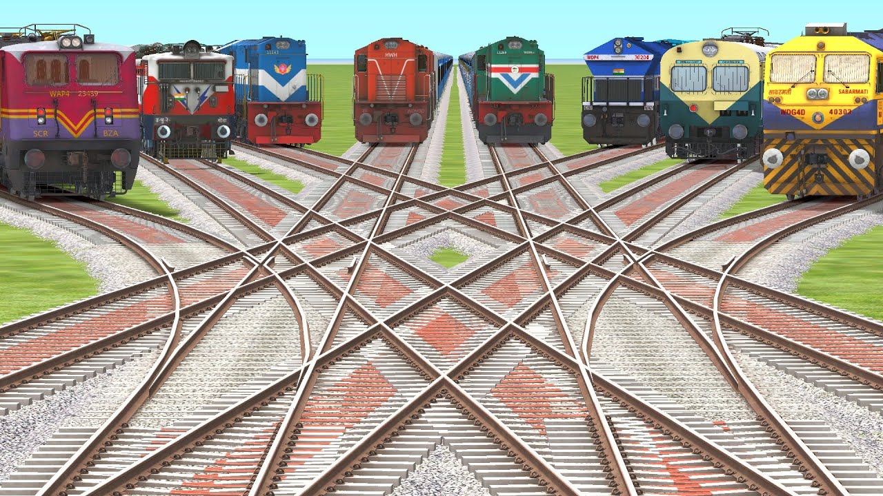 8 TRAINS CROSSING ON BUMPY DIAMOND RAILROAD TRACK🔺train simulator - YouTube