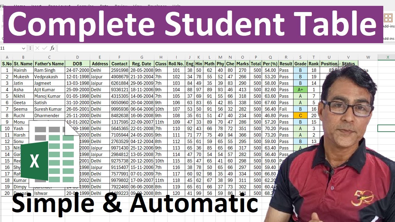 Student Table in MS Excel - Student Mark Sheet Marks, Total, Average, Rank, Grade, Pass Fail ...
