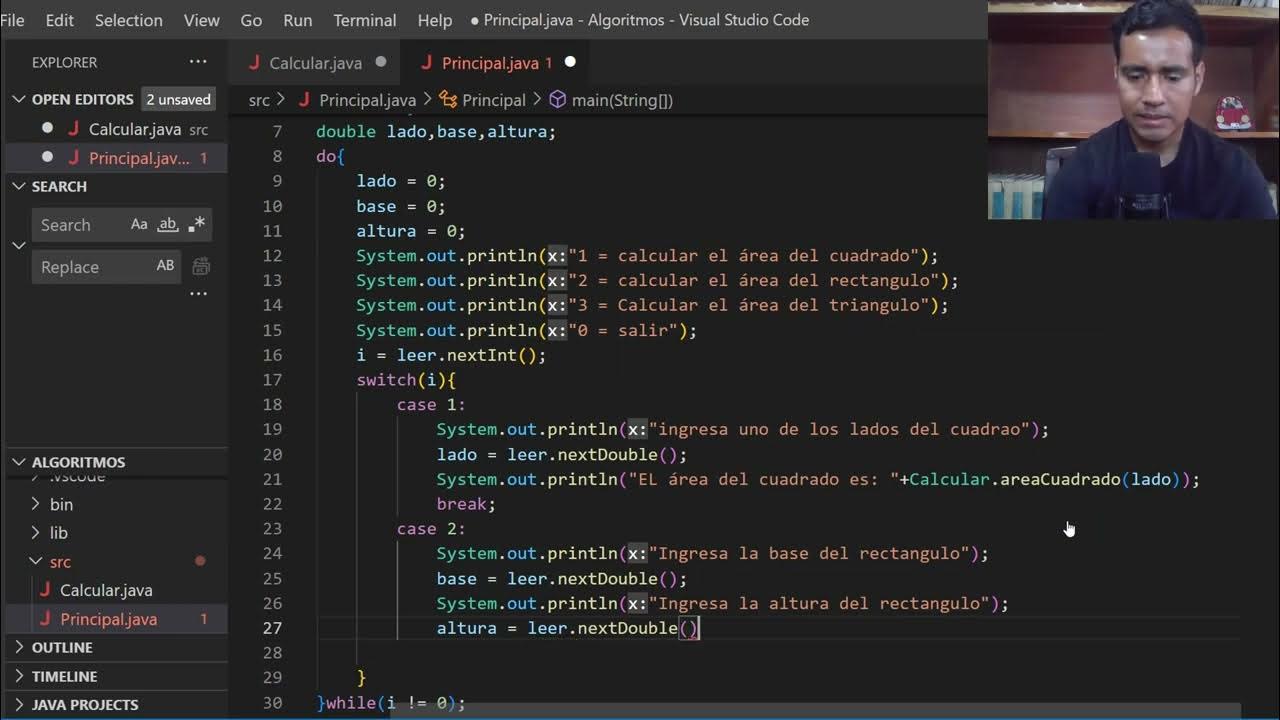 Calcular el área del cuadrado rectángulo y triangulo en java - YouTube