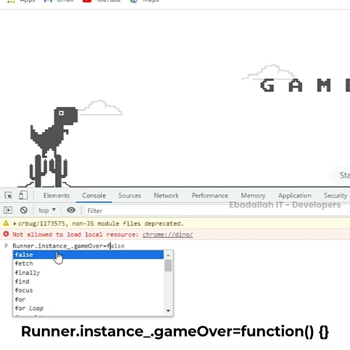 Dinosaur Game Hack In One Line Of Code || Ebadallah IT - YouTube