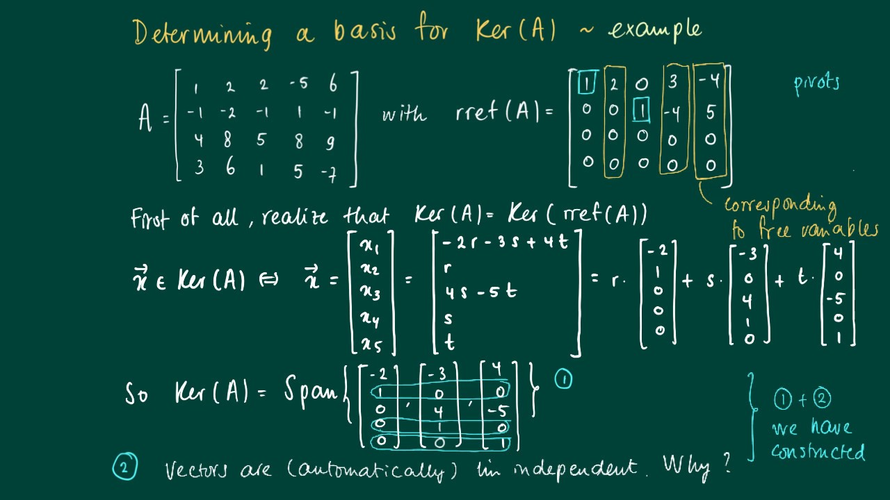 Math 2.8.6: Determine basis Ker(A) using rref(A) - YouTube