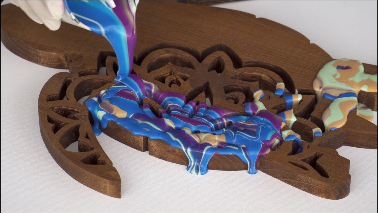Turtle Mandala Ribbon Pour!🐢 Amazing SplitCup Acrylic Pouring on Wood ...