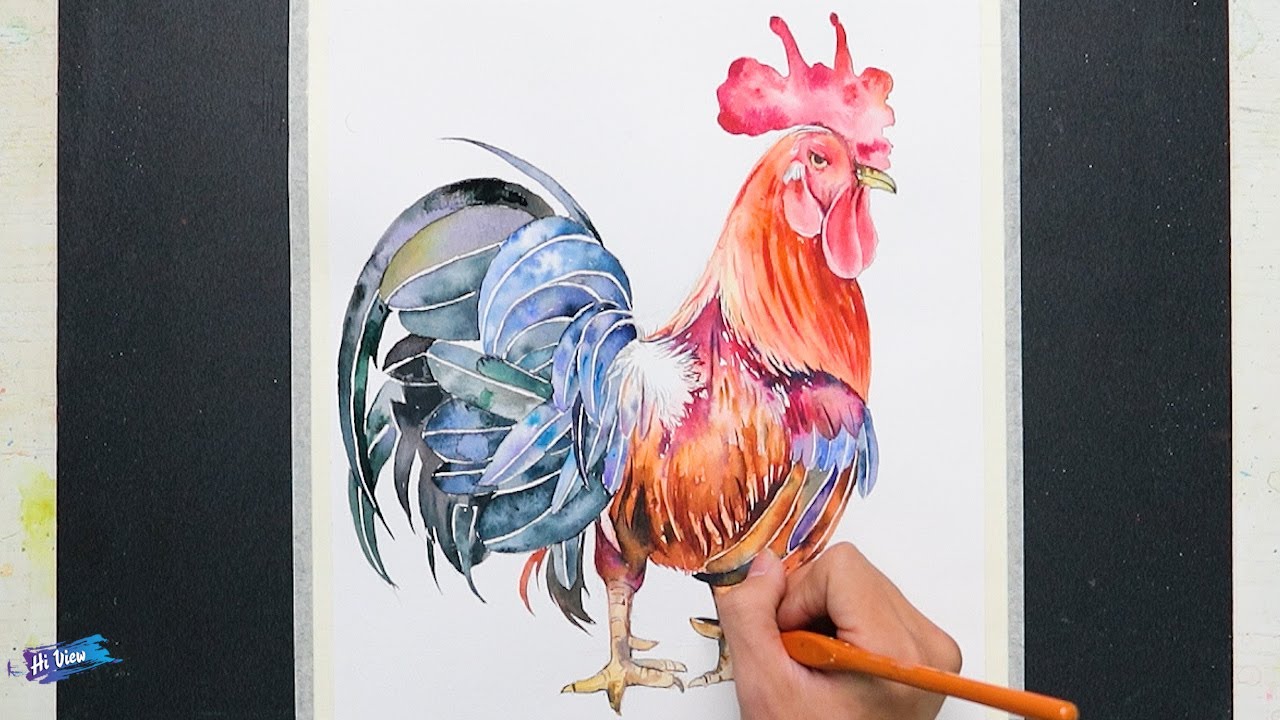 Hi View - #158 / Watercolor / How to Draw a Realistics Rooster Step by ...