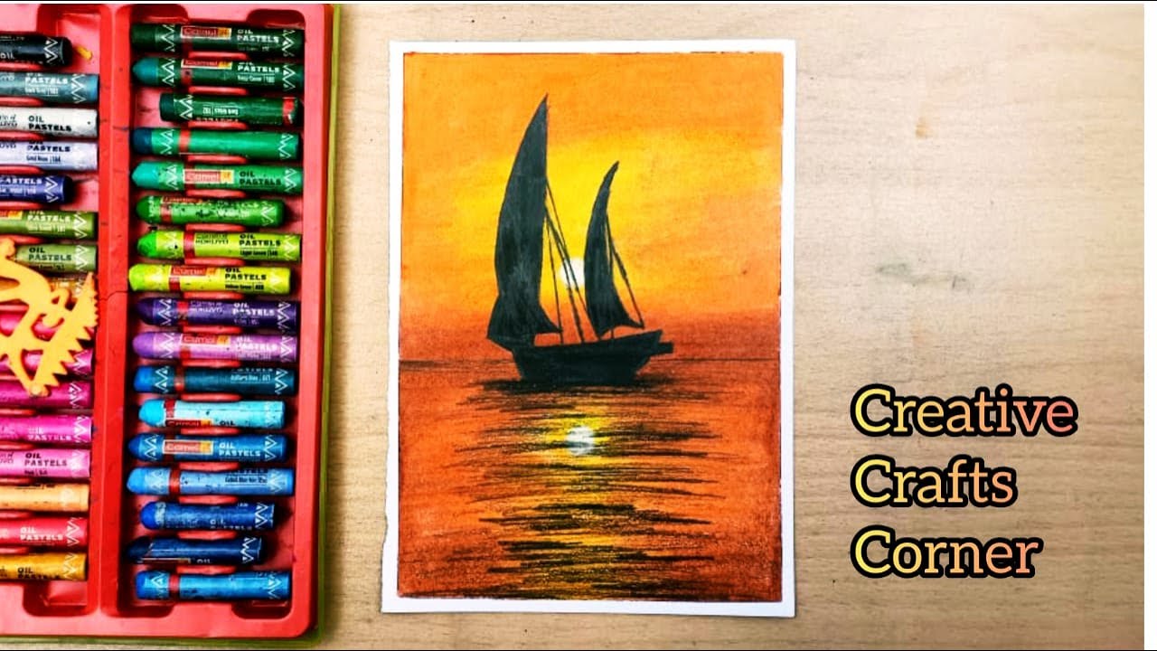 22-Sailing ship during sunset scenery drawing with oil pastel/sunset ...