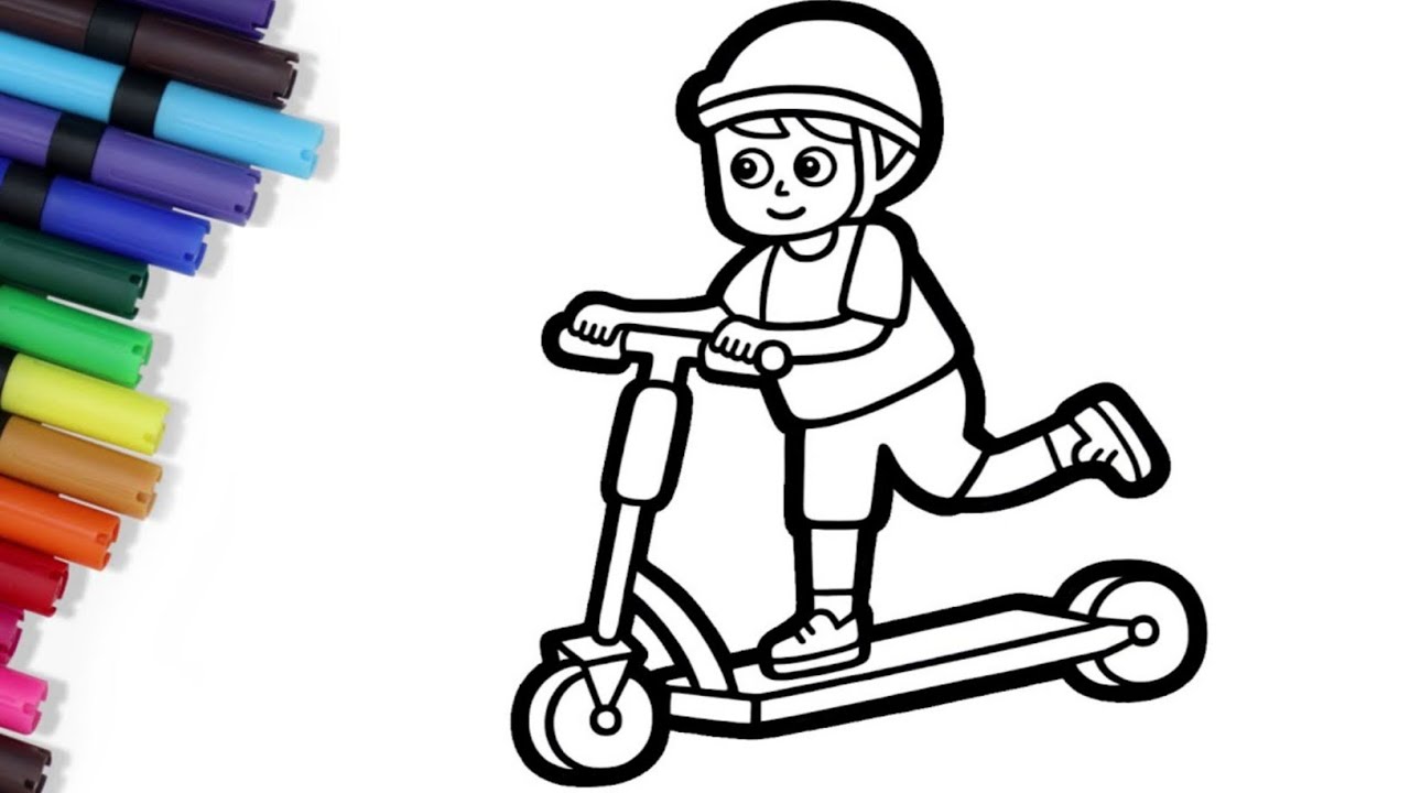 Cute Boy Ride A Scooter 🛵 Picture Drawing, and Coloring for Kids ...