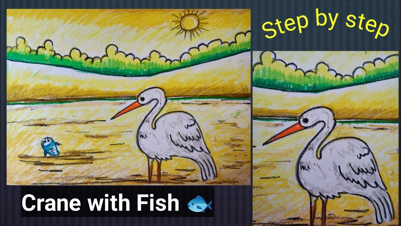 Crane with Fish 🐠 !How to draw a Scenery with Oil pastel 🖍️! Step by ...
