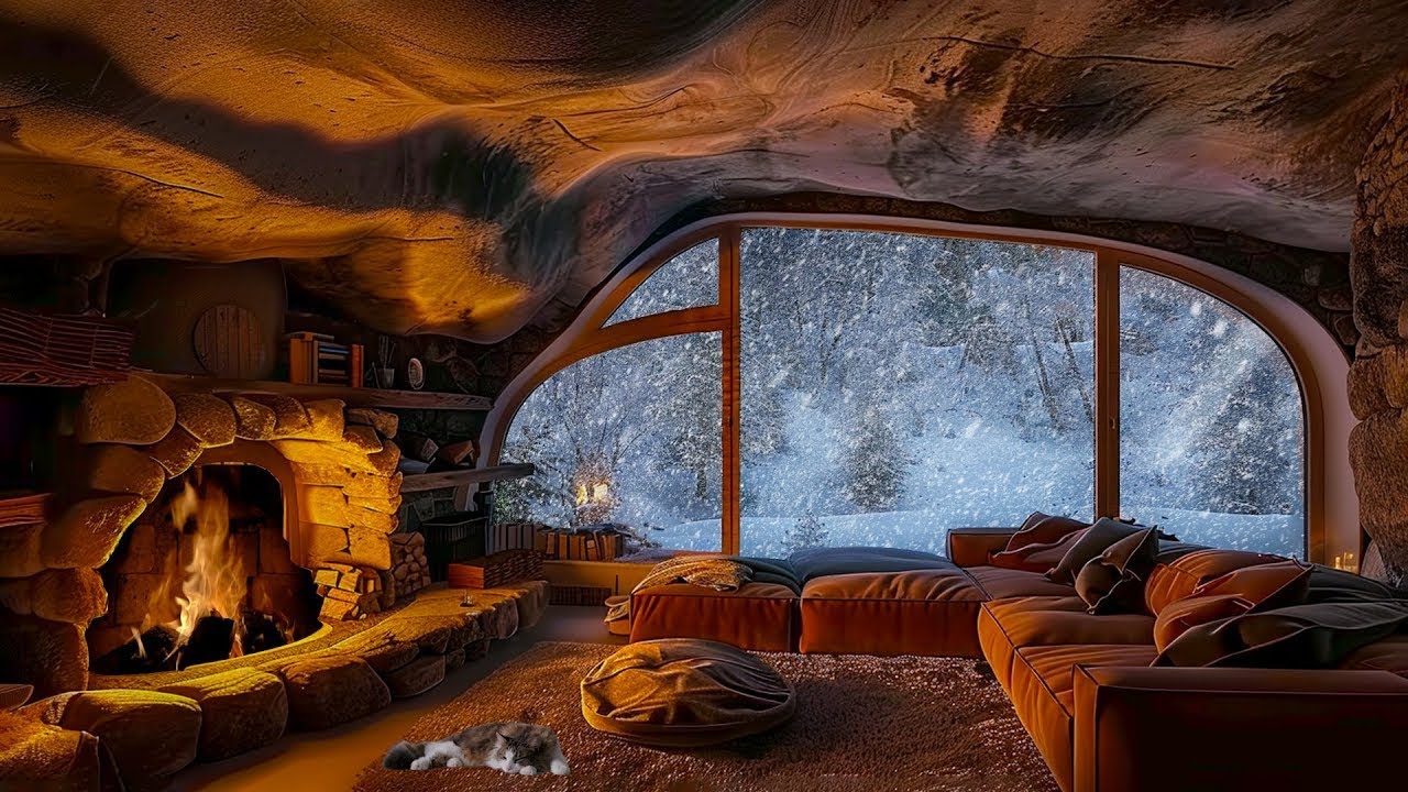 A cozy winter night in a mountain cave during a snowstorm with a ...