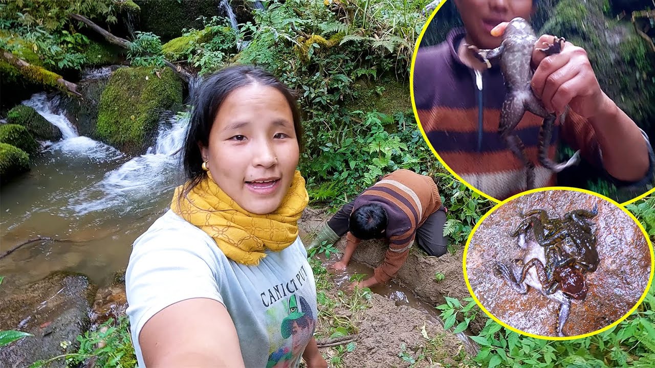 We are hunting bullfrog II Fishing in small river near shelter ...