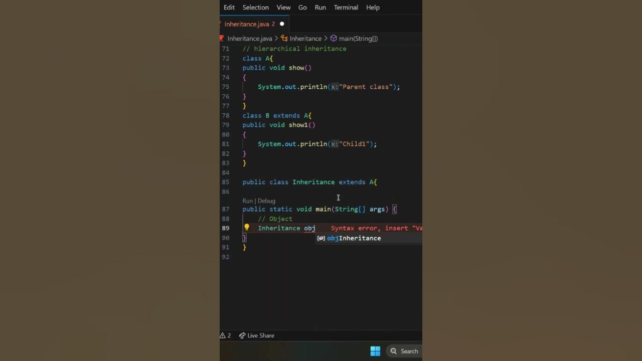 hierarchical inheritance in java/#java/#inheritance - YouTube