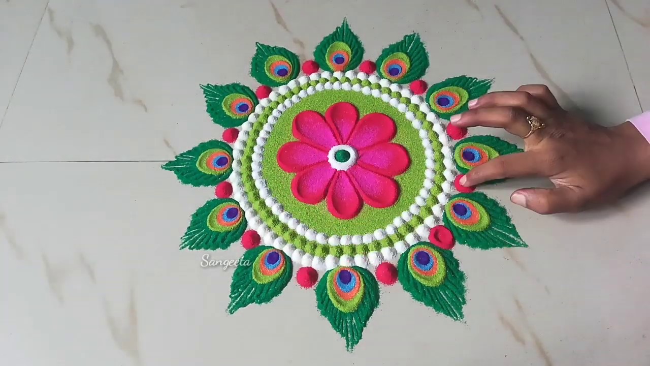 Peacock Feather Unique Rangoli Designs for Festivals| Easy, Beautiful ...